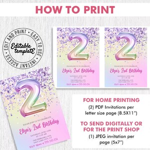 Girls Editable 2nd Birthday Invitation Template Rainbow Glitter ...