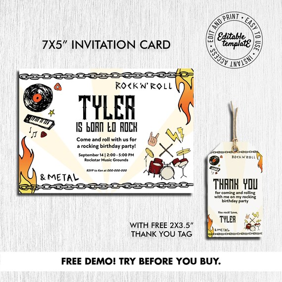 Rock n Roll Birthday Party Photo Invitation with free matching Thank ...