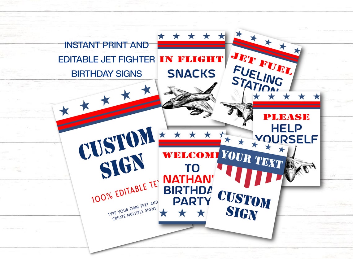 Editable Jet Fighter Birthday Signs Printable Fighter Plane Party Signs ...