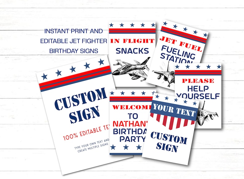 Editable Jet Fighter Birthday Signs Printable Fighter Plane Party Signs ...