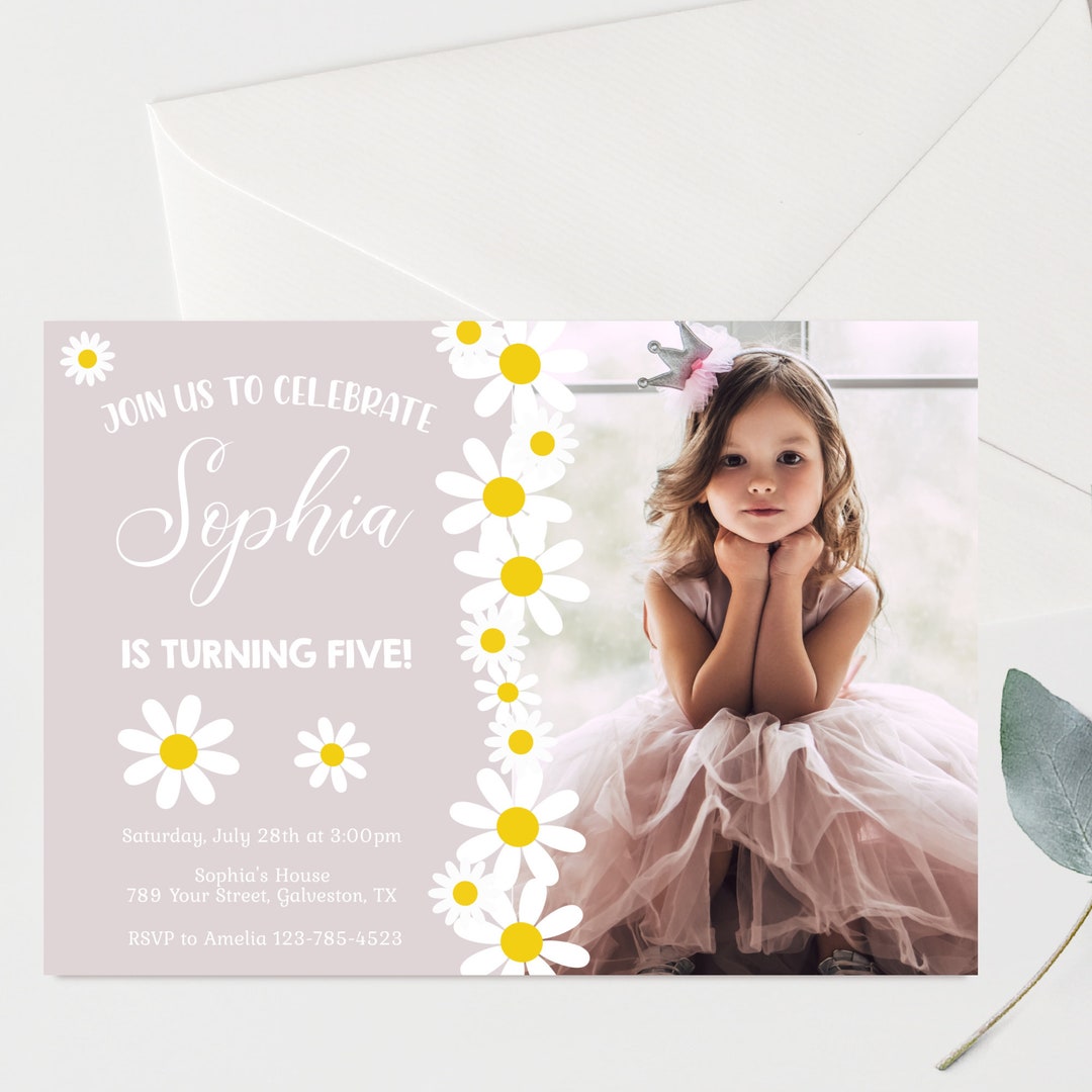 Editable Daisy Photo Birthday Invitation + Thank You Text Boho Blush ...