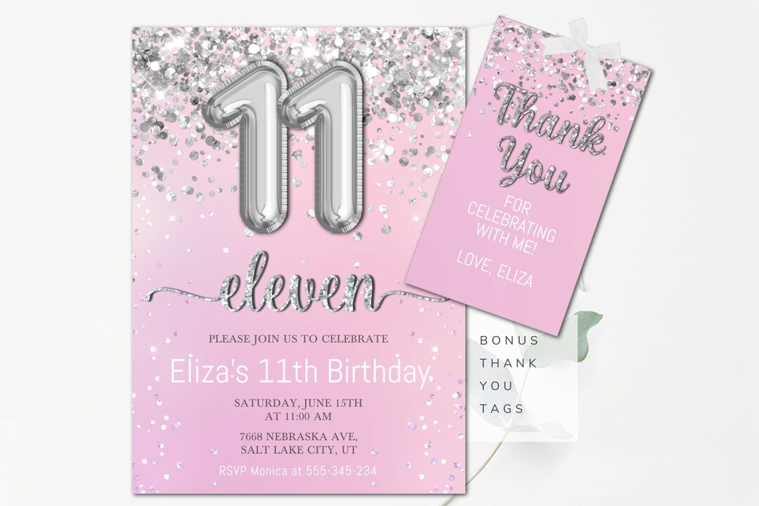 11th Birthday Invitation Template Girls Birthday Pink Invitation ...