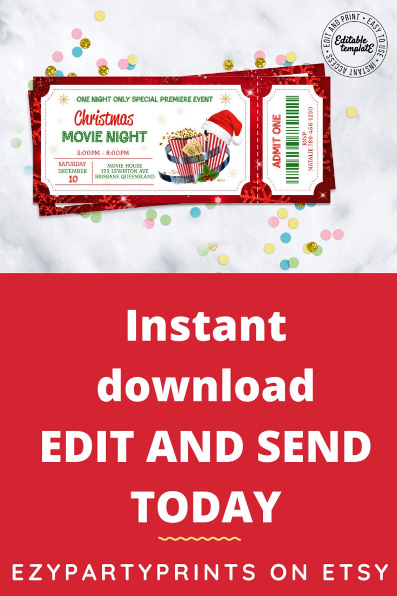 Christmas Movie Night Ticket Invitation Christmas Movie Party Template ...
