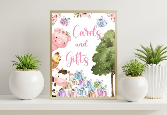 Gift Table Sign Pink Farm Party Signs Cards and Gifts Farm Birthday ...