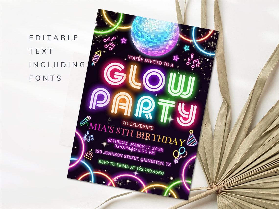Glow Birthday Invitation Template Glow Neon Invitation Glow Party ...