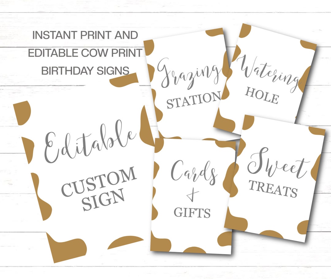 Cow Birthday Party Signs X 5 Brown Cow Party Custom Signs Editable Cow ...
