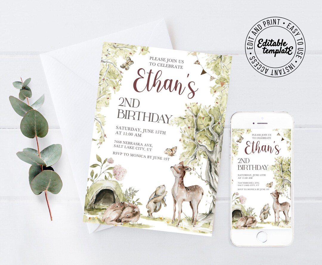 Woodland Animals Invitation Editable Woodland Birthday Invitation ...