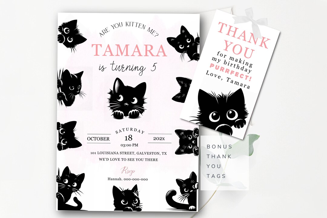 Kitten Invitation Editable Black Cat Birthday Invitation Kitty Cat ...