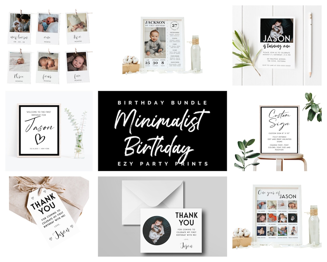 Editable First Birthday Bundle Minimalist Birthday Party Bundle Elegant ...