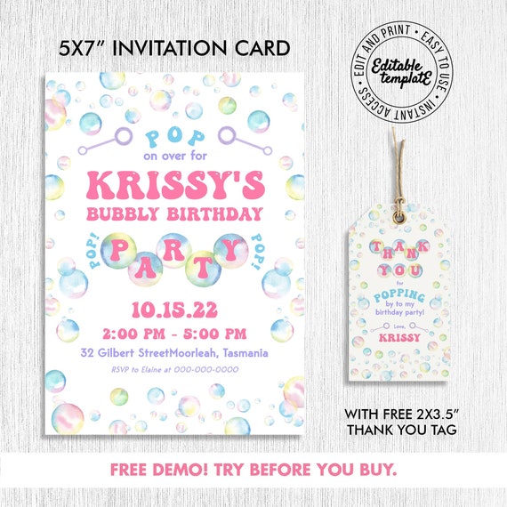 Bubbles Invitation Template, Girls Bubble Birthday Invitation, Bubble ...