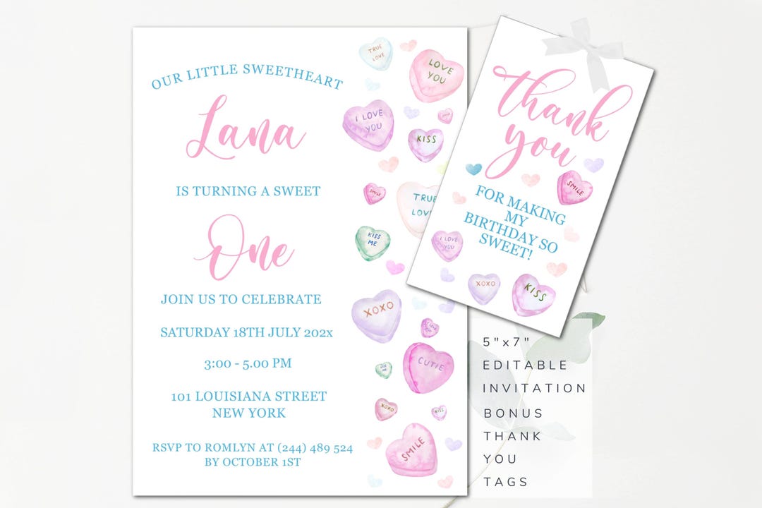 Candy Hearts Birthday Invitation Editable Sweetheart Birthday ...