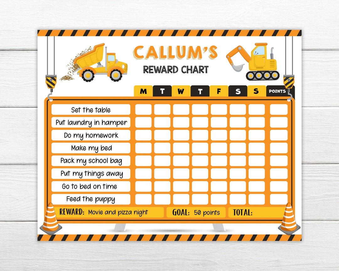Construction Reward Chart Template Boys Chore Chart Editable ...