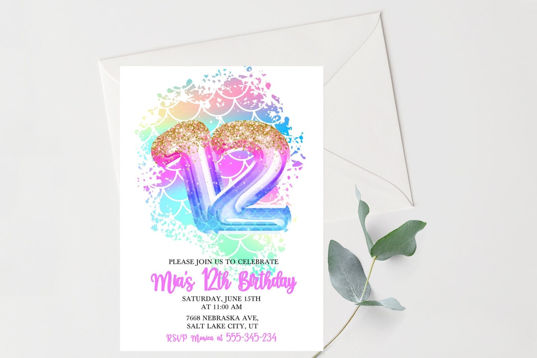 Editable Girls 12th Birthday Invitation Glitter Birthday Invitation ...