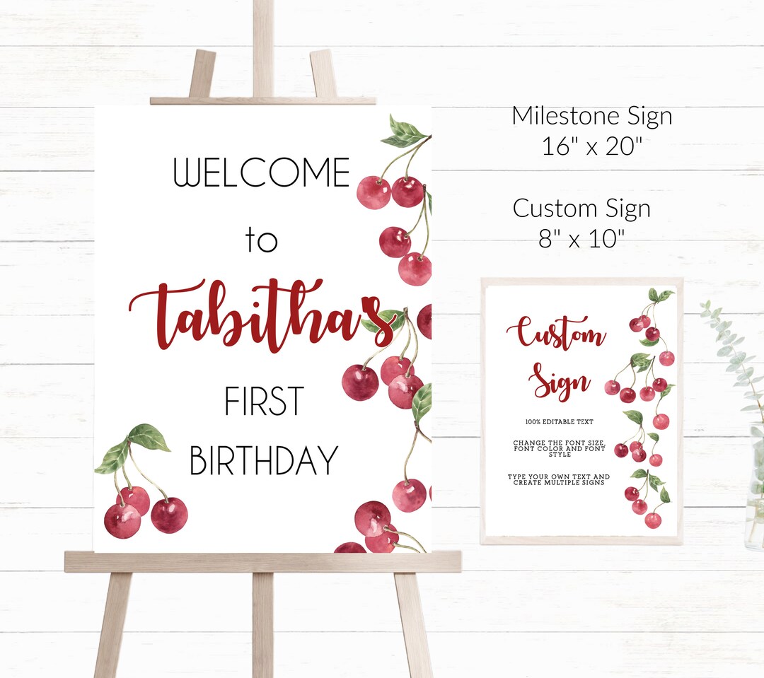 Editable Cherry Birthday Welcome Sign Red Cherries Girl Birthday Decor ...