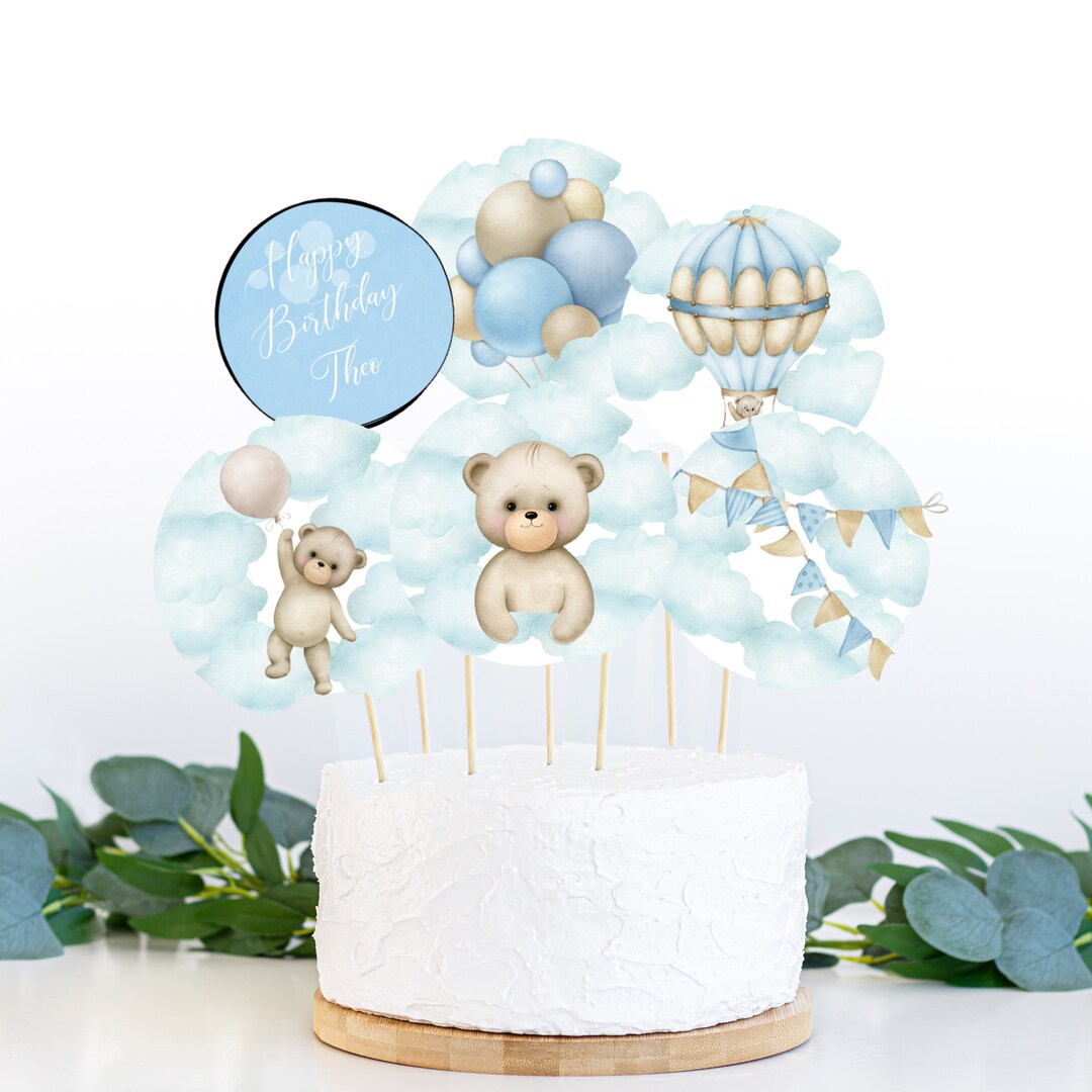 Blue Birthday Cake Topper Teddy Bear Birthday Decor Blue Balloon Party ...