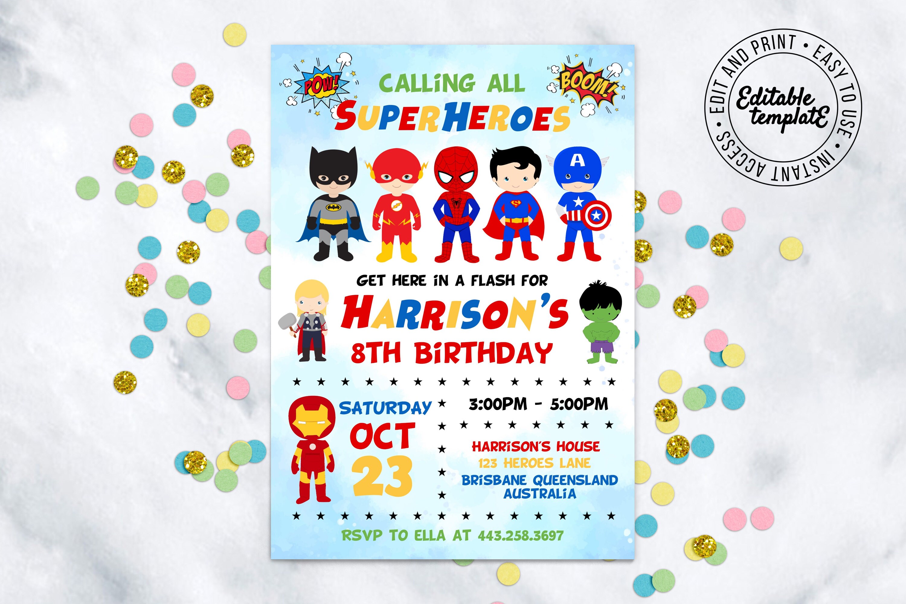 Superheroes Digital Birthday Invitation Super Hero Invitation You Edit ...