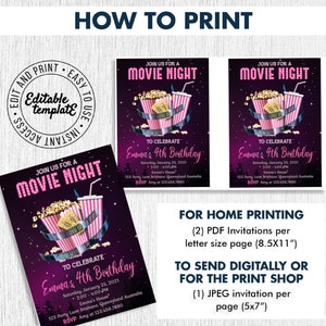 Movie Night Invitation Editable Movie Birthday Party Invitation Girls ...