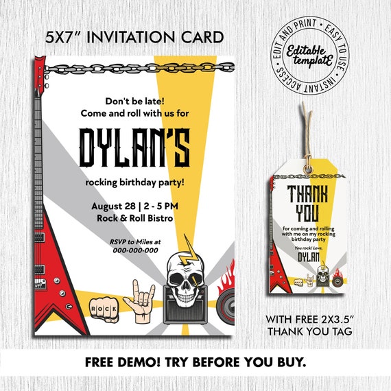 Editable Rockstar Birthday Party, Rock n Roll Birthday Party Invitation ...