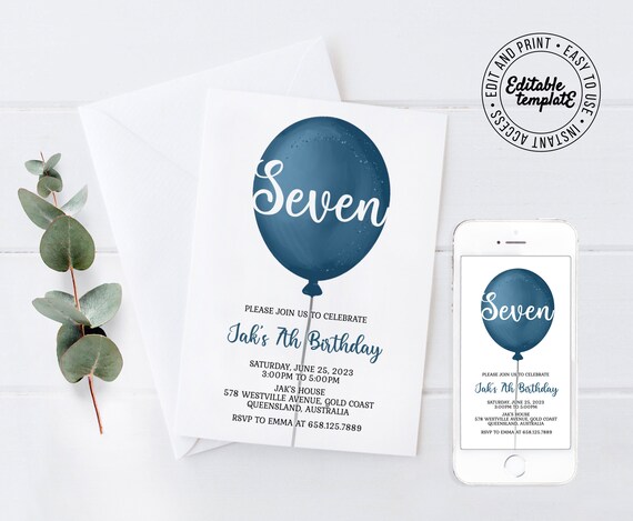 Blue birthday Invitation, Boys birthday invitation, Editable boys ...