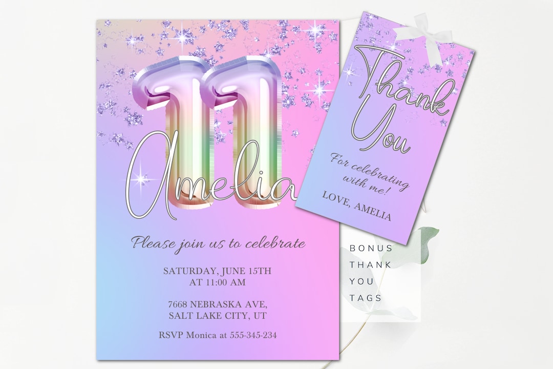 Girls 11th Birthday Invitation Editable Glitter Birthday Invitation ...