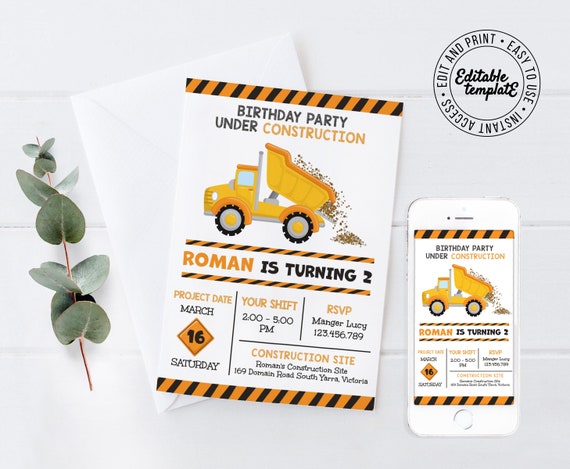 Construction Birthday Invitation template + FREE TAGS, Construction ...