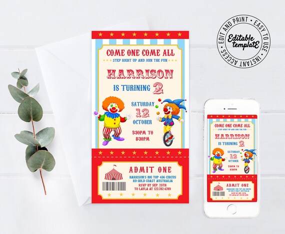 Clowns ticket invitation, Circus Invitation template that you can ...
