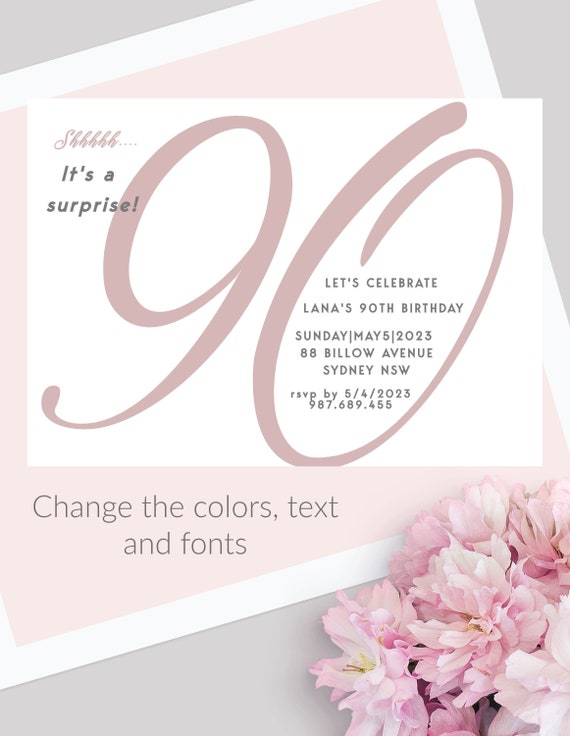 90th Birthday Invitation Template Minimalist Editable 90th Birthday ...