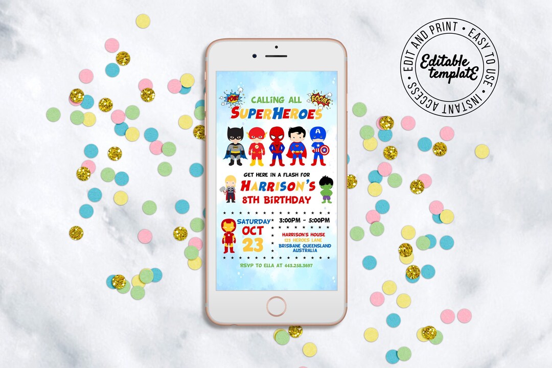Superheroes Digital Birthday Invitation Super Hero Invitation You Edit ...