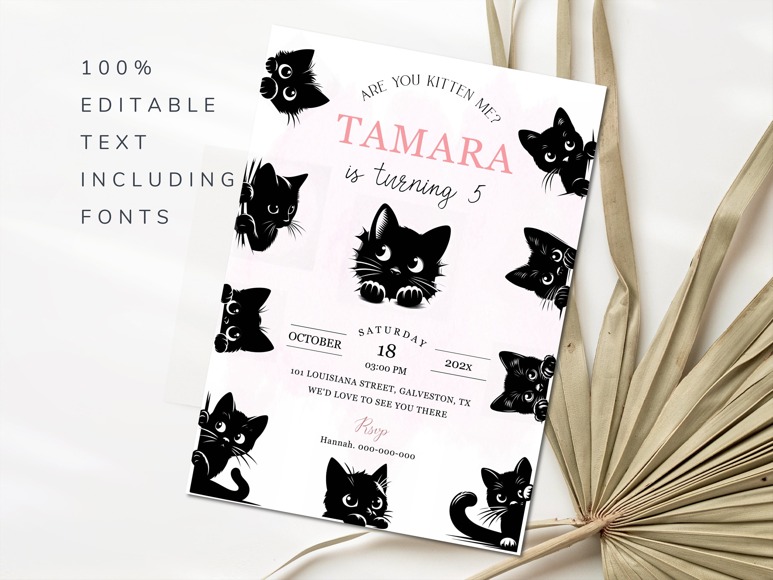 Kitten Invitation Editable Black Cat Birthday Invitation Kitty Cat ...