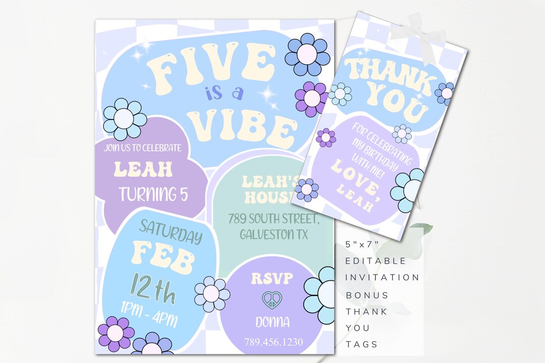 Five is A Vibe Preppy Invitation Editable Girl Birthday Invitation ...