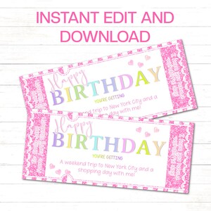 Happy Birthday Gift Certificate Template Pink Glitter Editable Gift ...