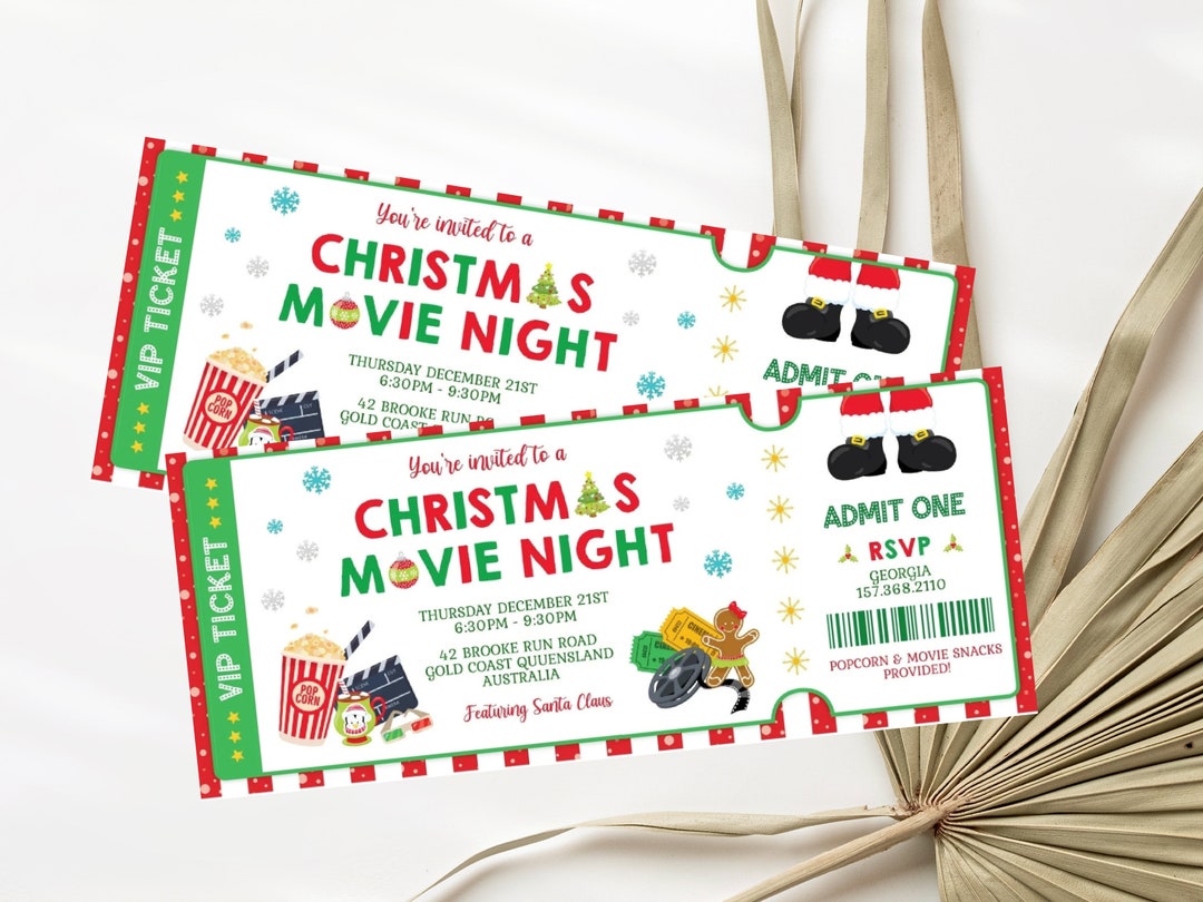 Christmas Movie Night Ticket Editable Christmas Movie Night Gift Ticket ...