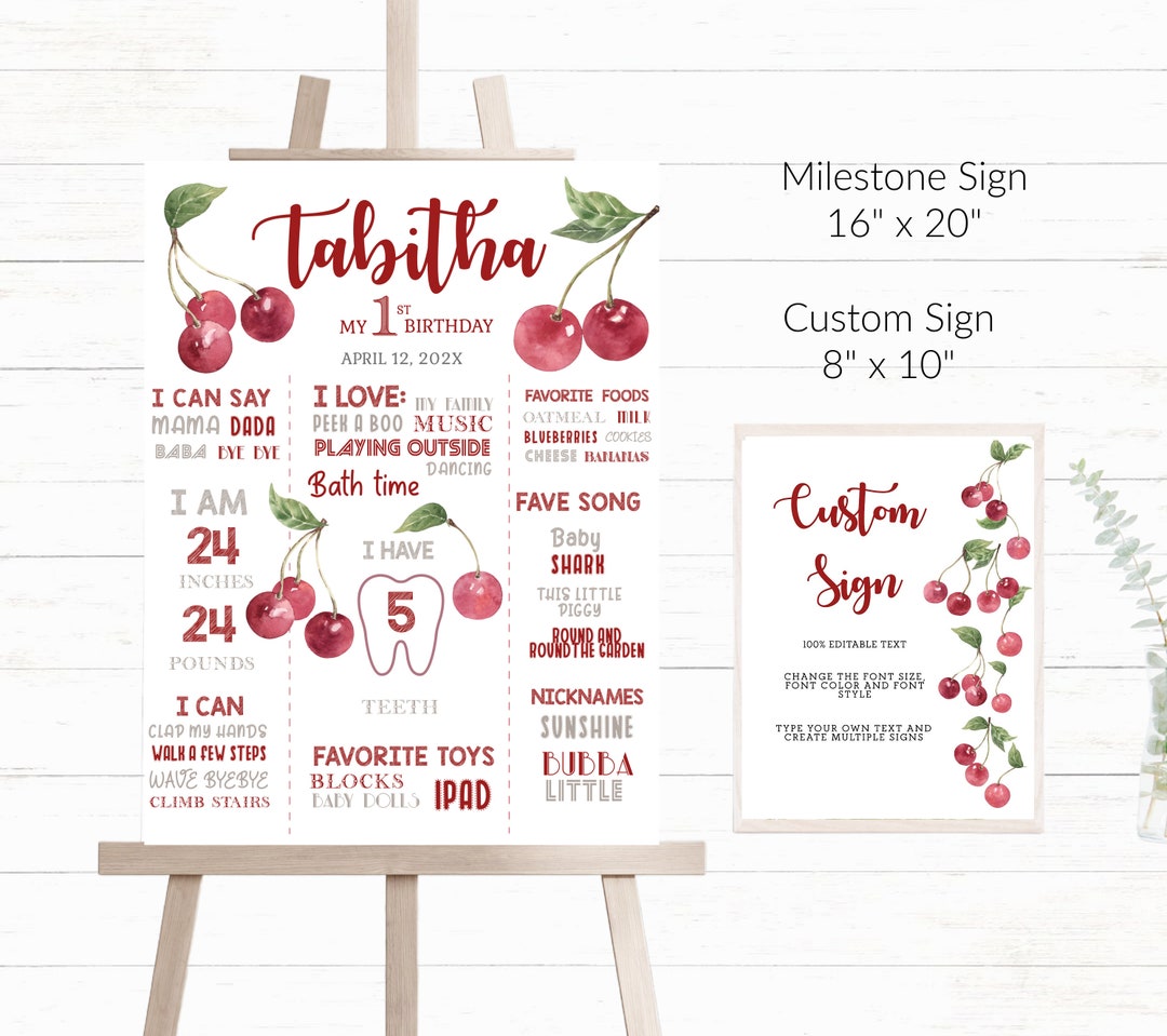 Cherries 1st Birthday Milestone Poster Cherry Birthday Photo Poster ...