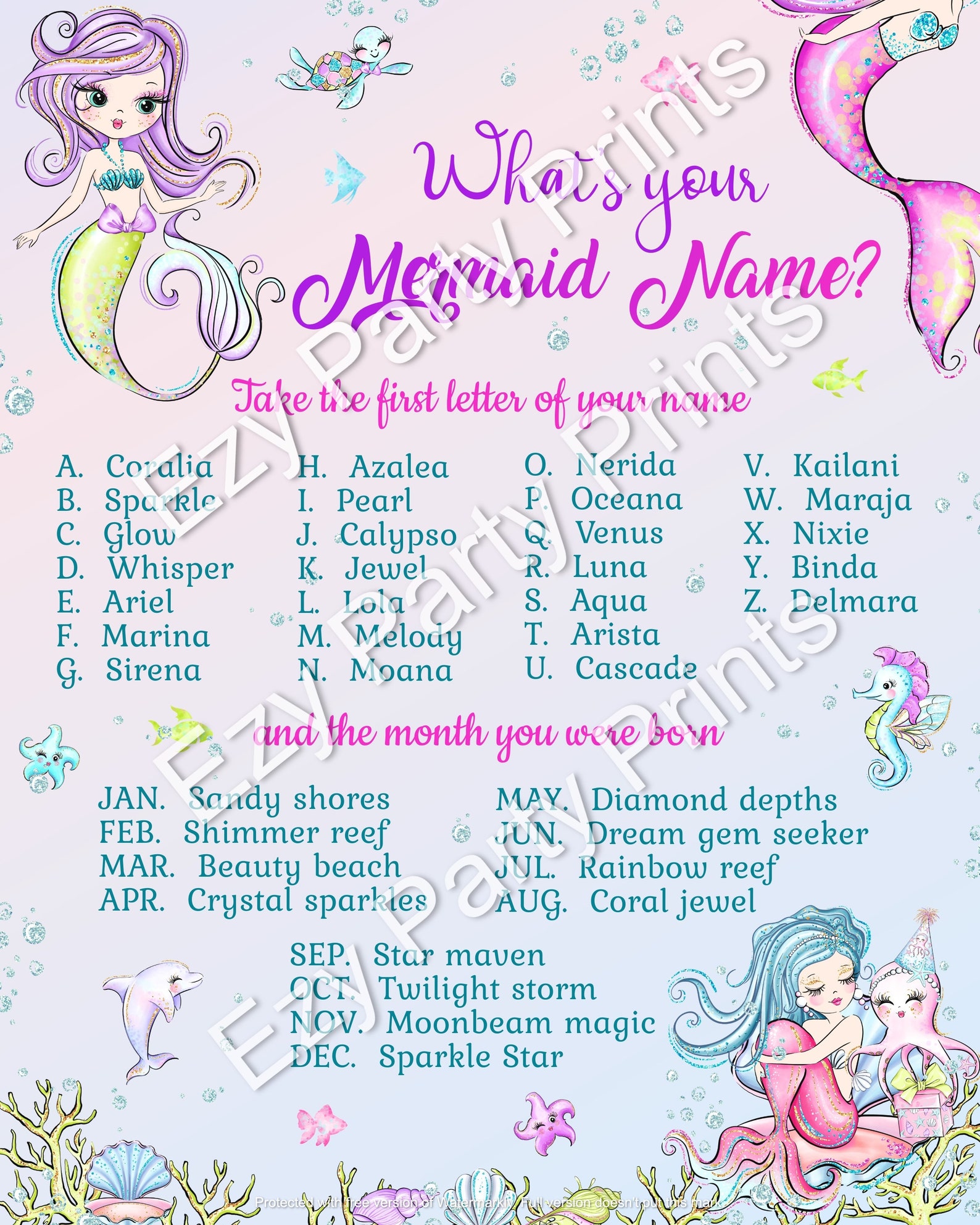 Mermaid Birthday Party Game What's Your Mermaid Name | Etsy