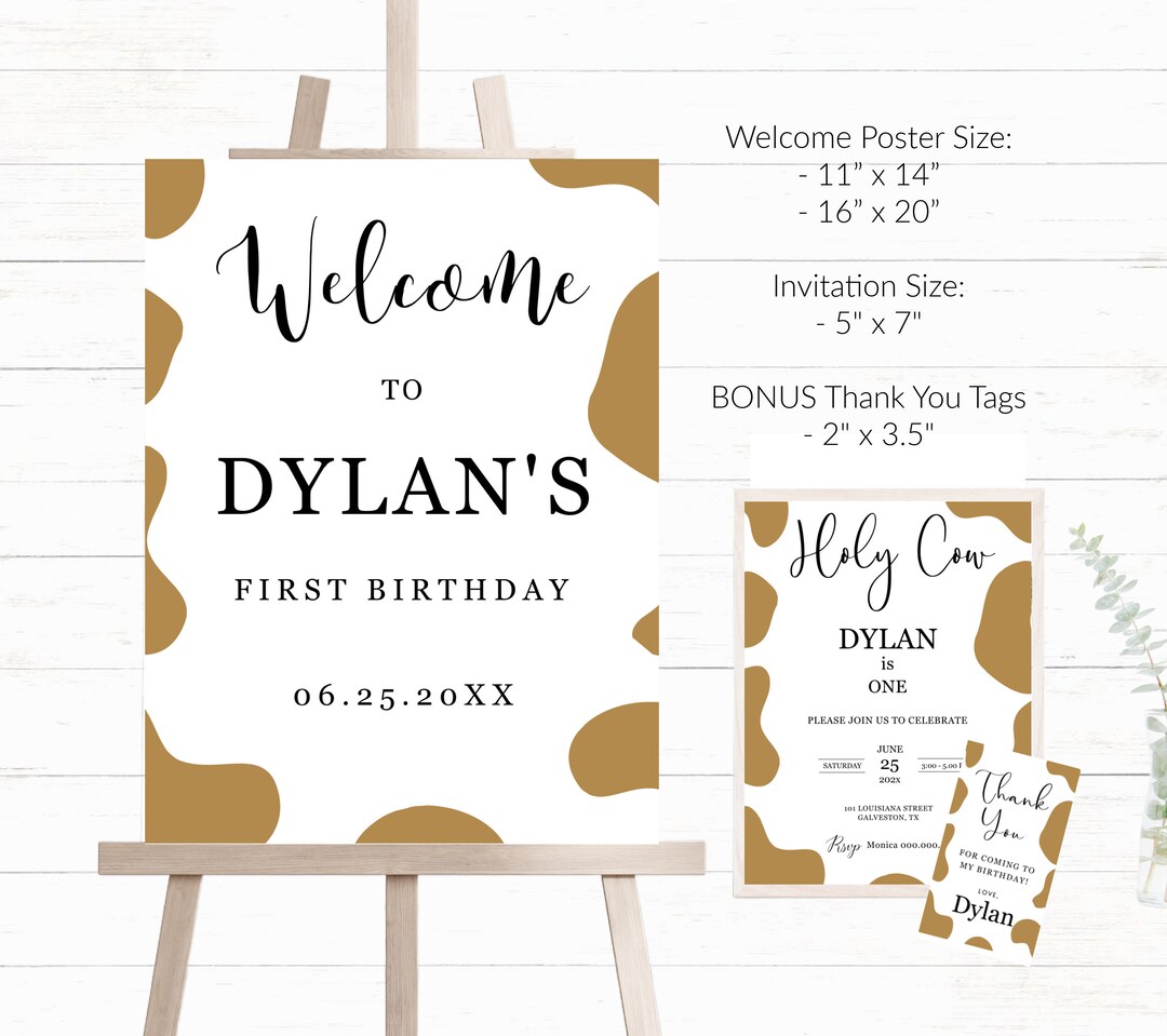 Editable Cow Birthday Welcome Sign Template Minimalist Cow Print ...