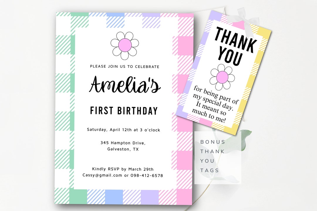 Girls Birthday Invitation Rainbow Patchwork Invitation Editable Gingham ...