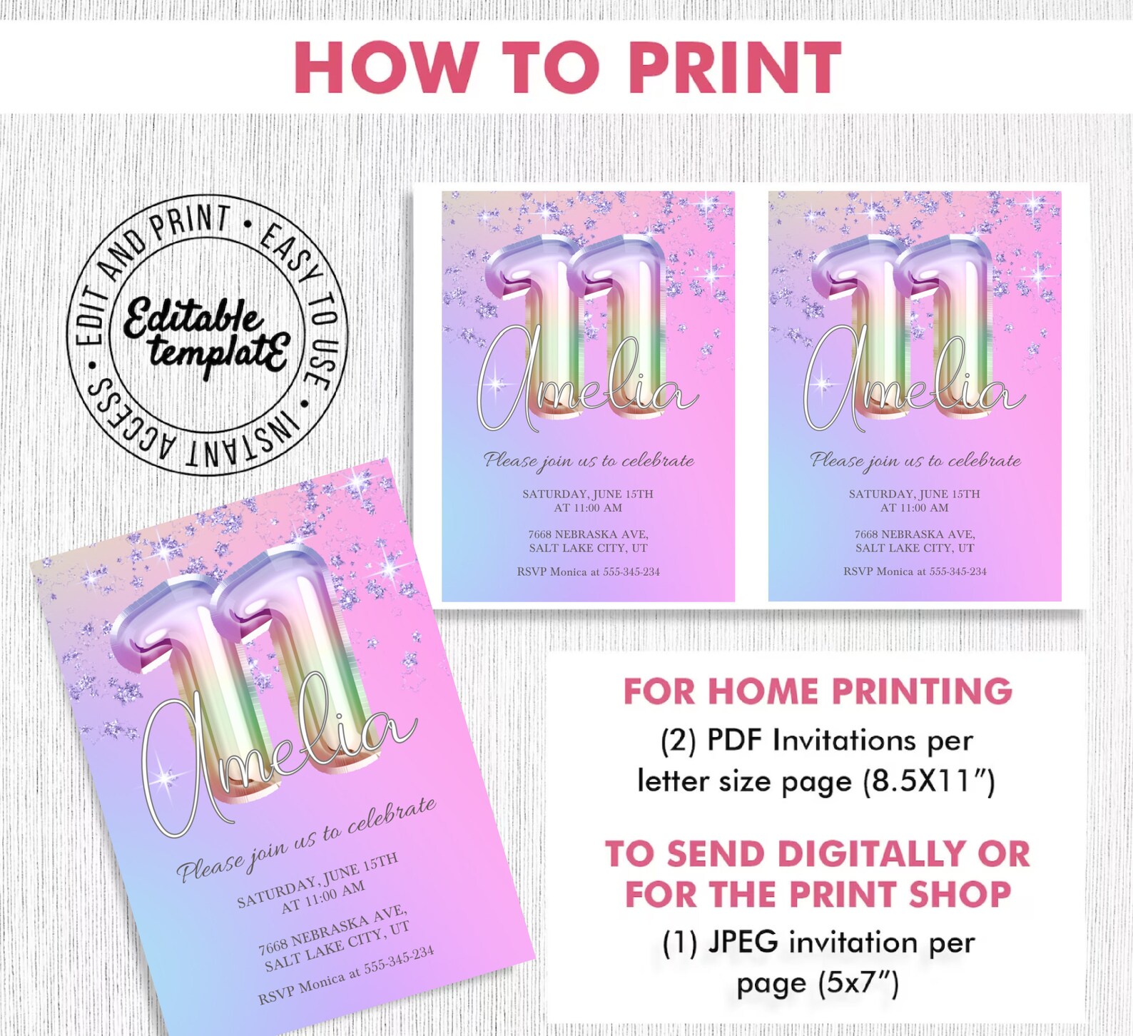 Girls 11th Birthday Invitation Editable Glitter Birthday Invitation ...