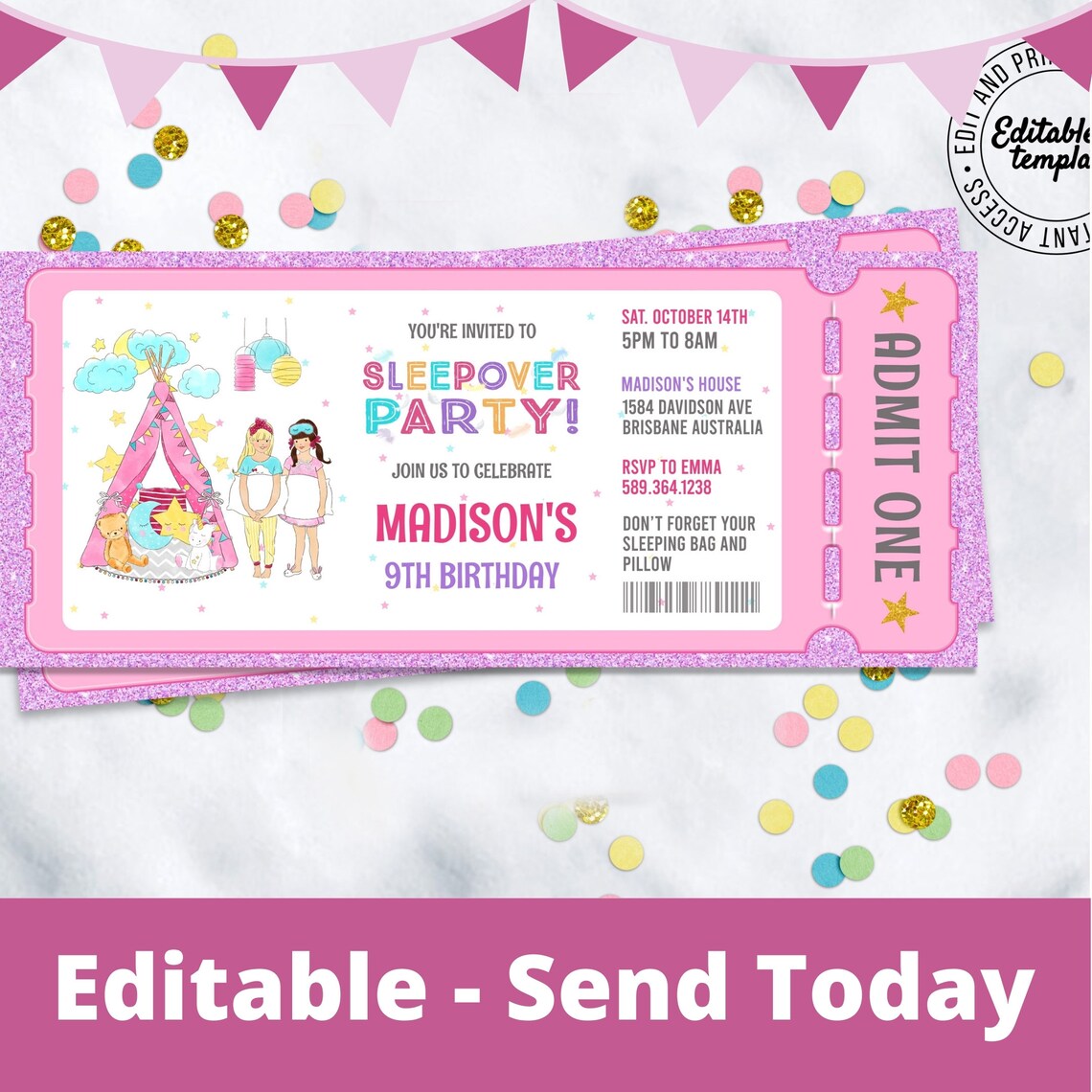 Birthday Ticket Invitation, Ticket Sleepover Birthday Invitation to ...