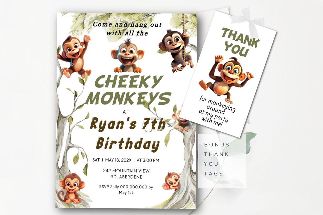 Editable Cheeky Monkey Invitation Monkey Instant Birthday Invitation Editable Monkeys Invitation ...