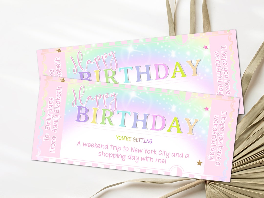 Happy Birthday Gift Certificate Ticket Pink Rainbow Birthday Gift ...