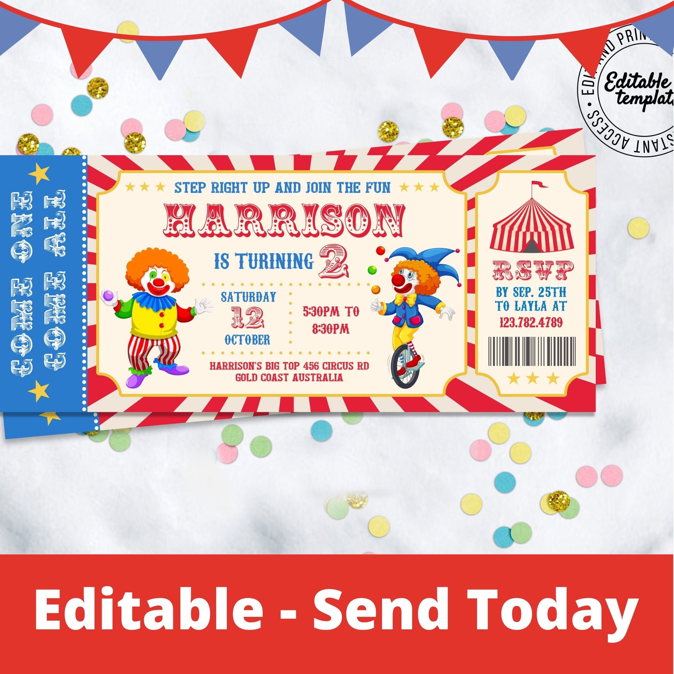 Clowns Birthday Ticket Invitation Boys Ticket Invitation - Etsy