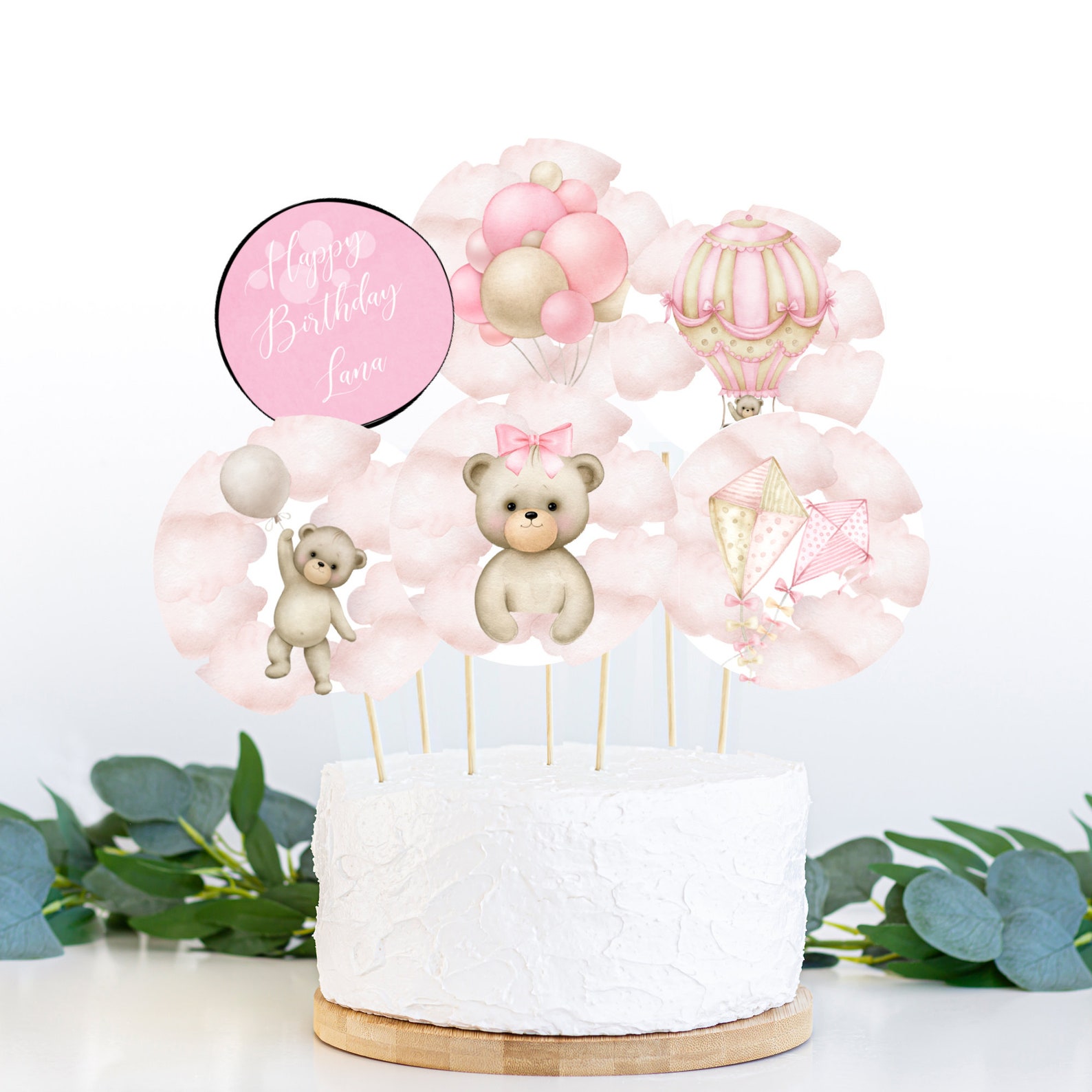 Teddy Bear Birthday Decor Pink Birthday Cake Topper Pink Balloon Party ...