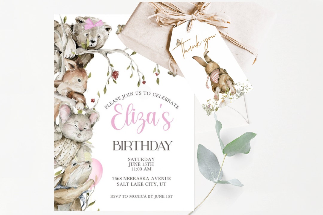 Editable Woodland Animals Invitation + Tags, Girl's Woodland Invitation ...