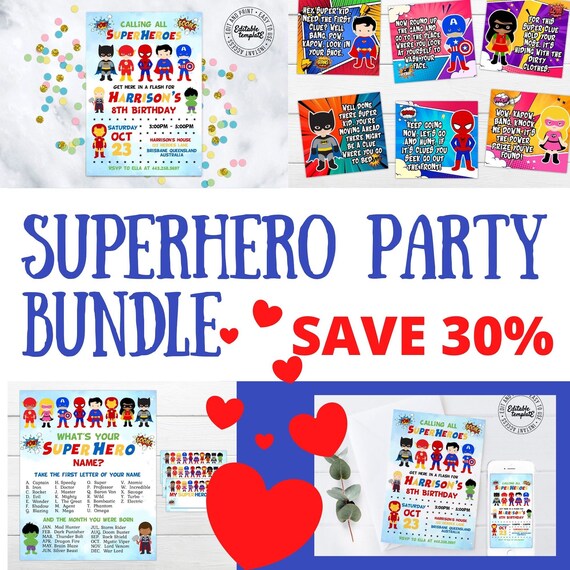 Superhero Birthday Invitation Party Bundle SAVE OVER 30% - Includes 5x7 ...