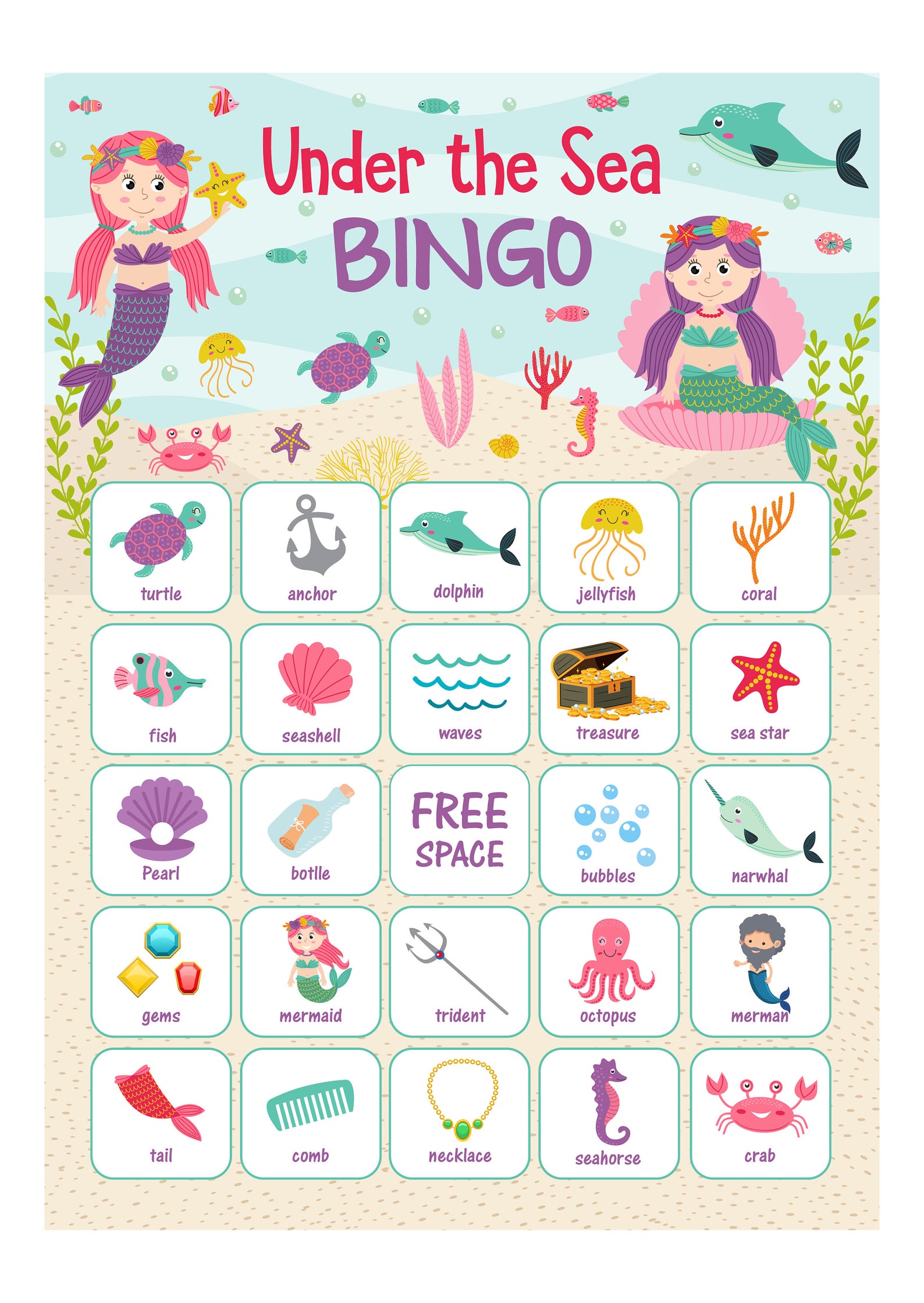 Mermaid Birthday BINGO GAME BINGO for Kids Printable Bingo | Etsy