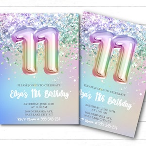 Girls Editable 11th Birthday Invitation Template Glitter Eleventh ...