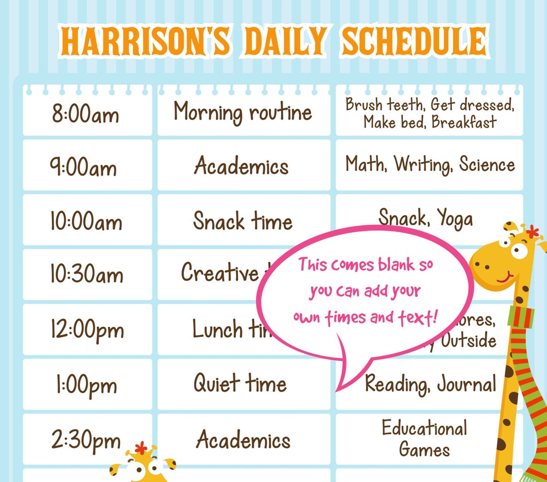 Editable Kids Daily Schedule Chart Template, Daily Schedule Chart for ...