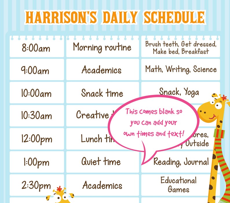 Editable Kids Daily Schedule Chart Template Daily Schedule - Etsy