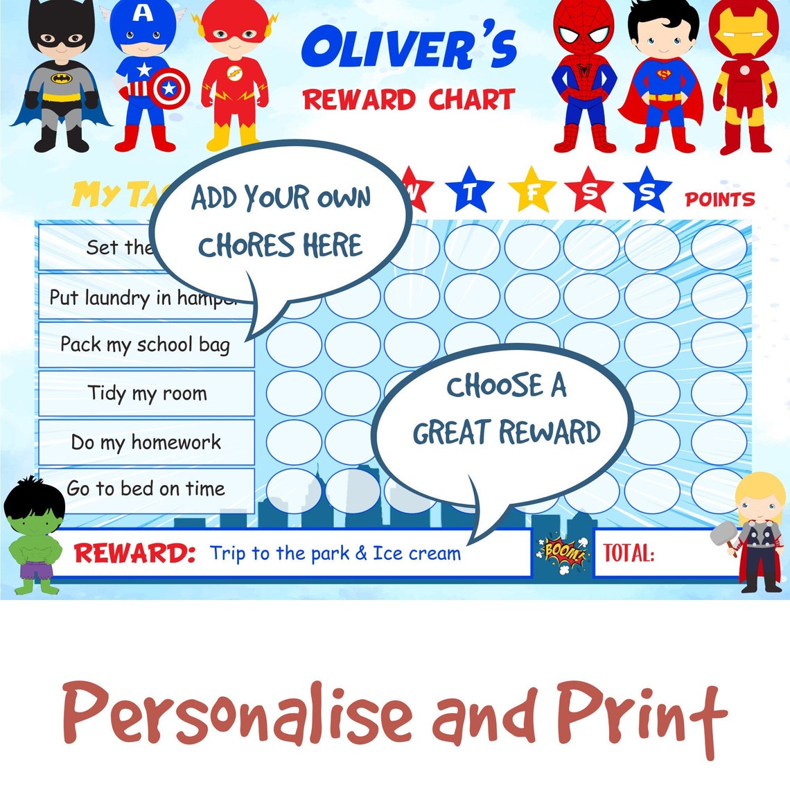 Editable SUPERHERO Chore Chart Reward Chart Personalize and - Etsy