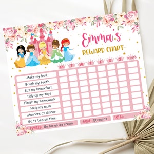Princess Reward Chart Editable Girls Chore Chart Children's Editable ...